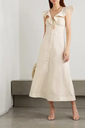 Zimmermann Halcyon Cutout Ruffled Shell-embellished Linen Midi Dress