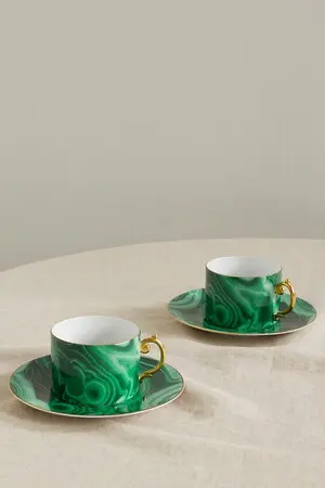 L'Objet Malachite Set Of Two Porcelain Cups And Saucers - Green