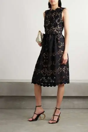 Oscar De La Renta Belted Guipure Lace Midi Dress - Black
