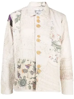 By Walid Embroidered-patchwork Cotton Shirt Jacket - Neutrals