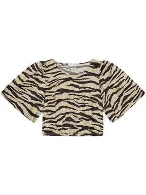 GANNI Zebra-print Crinkled Cropped T-shirt - Neutrals