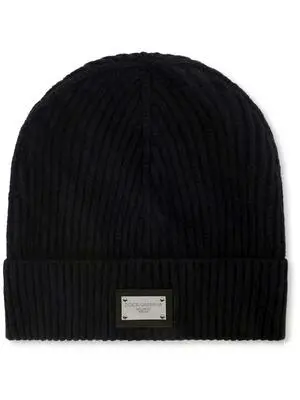 Dolce & Gabbana Ribbed Knit Beanie With Silver-tone Logo Plaque - Blue
