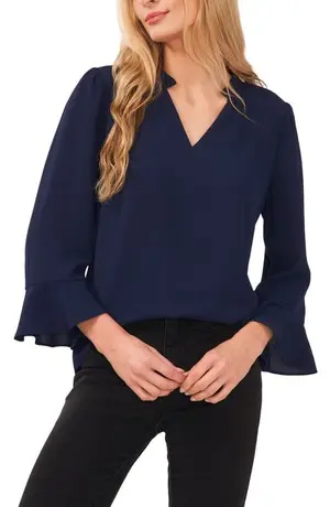 CECE DUPRAZ Ruffle Cuff Crepe Top Classic Navy