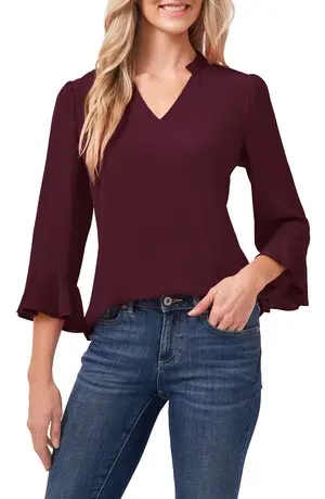 CECE DUPRAZ Ruffle Cuff Crepe Top Rich Cabernet