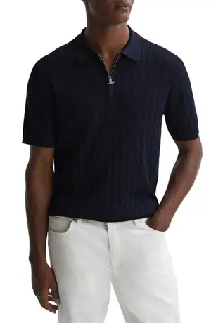 REISS Ubud Textured Mosaic Quarter Zip Polo Sweater - Navy