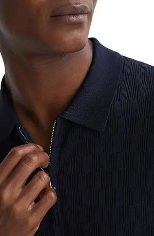 REISS Ubud Textured Mosaic Quarter Zip Polo Sweater