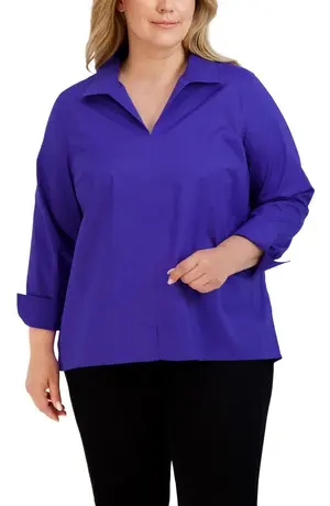 Foxcroft Agnes Non-Iron Smocked Cuff Blouse Blue Iris