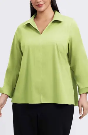 Foxcroft Agnes Non-iron Smocked Cuff Blouse - Celery