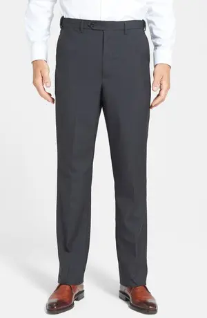 Berle Self Sizer Waist Plain Weave Flat Front Trousers - Charcoal