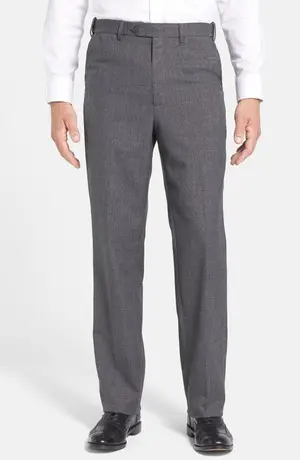 Berle Self Sizer Waist Plain Weave Flat Front Trousers - Medium Grey