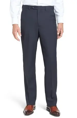 Berle Self Sizer Waist Plain Weave Flat Front Trousers - Navy