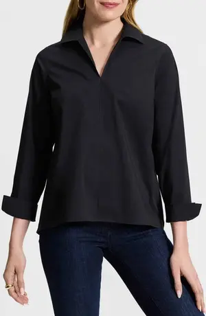 Foxcroft Agnes Split Cuff Popover Blouse - Black