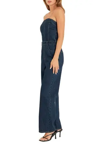 GREY LAB Strapless Corset Denim Jumpsuit