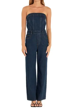 GREY LAB Strapless Corset Denim Jumpsuit