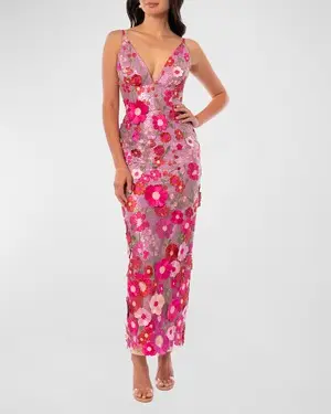 HELSI Norah Sequin Deep V-neck Applique Gown - Fuchsia Floral