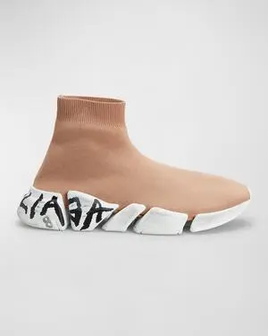 Balenciaga Speed 2.0 Graffiti Knit Sock Sneakers Eggshell Graffiti