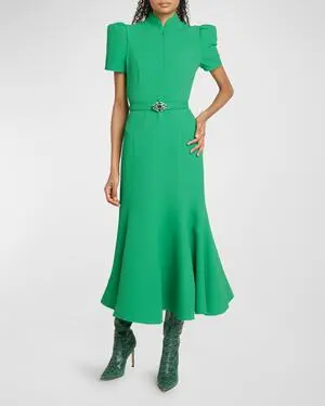 Andrew Gn Crystal-Embellished Belted Trumpet Midi Dress - Emerald Green |  Editorialist