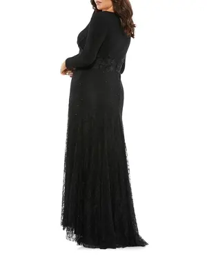 Mac Duggal Plus Wrap-over Long Sleeve Lace Applique Trumpet Gown
