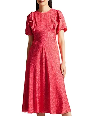 knee length dresses for ladies Ted Baker Moyla Printed Puff Sleeve Stitch Detail Midi Dress Women's –  Kicks Machine