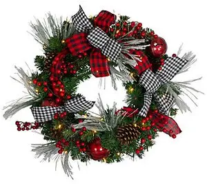 NORTHLIGHT Plaid And Houndstooth 24' Wreath War White Lights - One-color