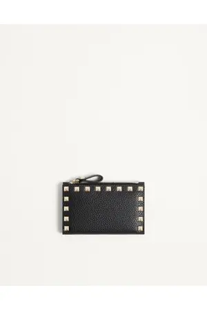 Valentino Garavani Rockstud Grainy Calfskin Cardholder With Zipper - Black
