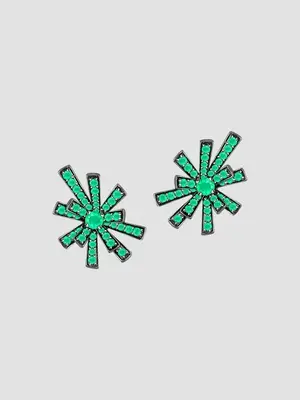 Hueb 18k White Gold & Starburst Stud Earrings - Emerald