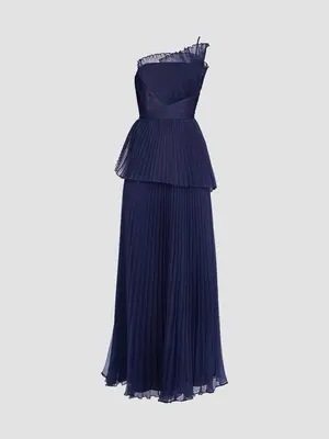 Theia Delphine Pleated One-shoulder Organza Gown - Navy