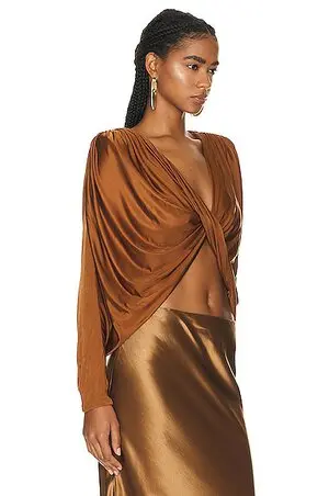 Saint Laurent Draped Twist Top In Cognac - Camel | Editorialist