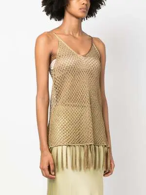 Dodo Bar Or Open-knit Fringed Top - Gold