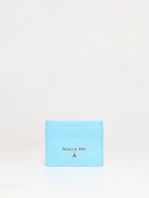 Patrizia Pepe Flat Grained Leather Card Holder With Seven Slots And Lettering Logo Gnawed Blue