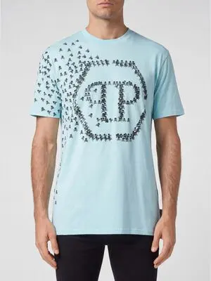 Philipp Plein Cotton T-shirt With Contrasting Hexagon Logo Print On The Chest - Turquoise