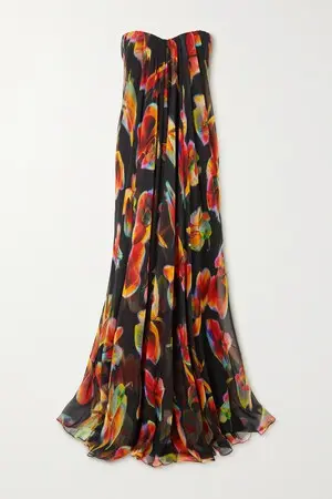 Alexander McQueen Strapless Draped Floral-print Silk-chiffon Gown Black