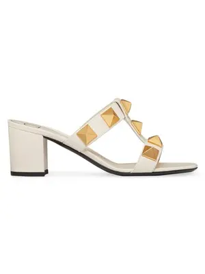 Valentino Garavani Roman Stud Calfskin Slide Sandals 60mm - Light Ivory