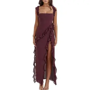 House Of Cb Ariela Ruffle Slit Gown - Mulberry
