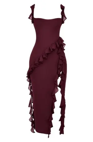 House Of Cb Ariela Ruffle Slit Gown - Mulberry