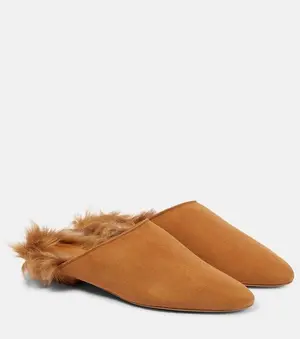 Khaite Otto Shearling-trimmed Suede Mules - Neutrals