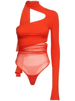 MUGLER Asymmetric Jersey & Mesh Bodysuit - Red,red
