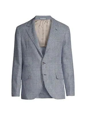 Brunello Cucinelli Men's Plaid Linen-Blend Denim Blazer - Blue  - Blue