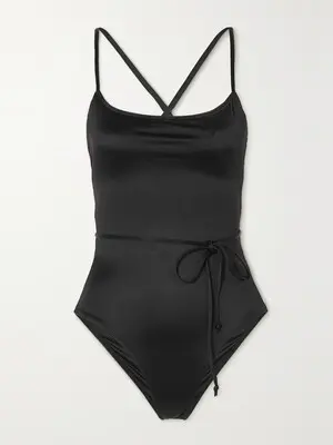 Good American Vacay Belted Stretch-satin One-piece Swimsuit - Black
