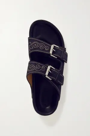 Isabel Marant Lennyo Buckled Embroidered Suede Slides