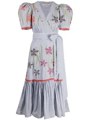 Silvia Tcherassi Floral-embroidered Striped Midi Dress - White
