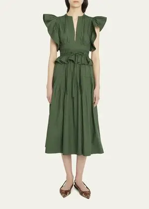 Ulla Johnson Florence Embroidered Cotton Peplum Midi Dress - Juniper