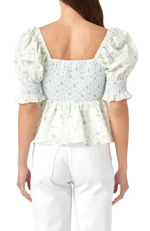 English Factory Floral Print Peplum Blouse - Blue Multi