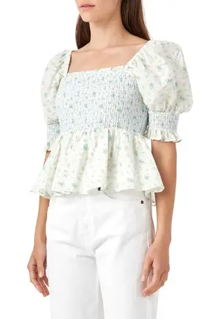 English Factory Floral Print Peplum Blouse - Blue Multi