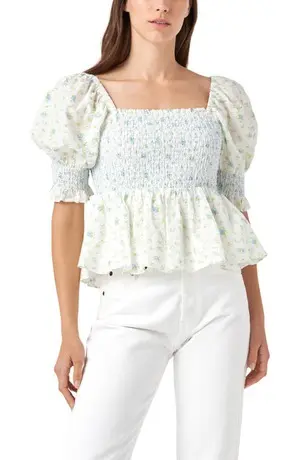English Factory Floral Print Peplum Blouse - Blue Multi