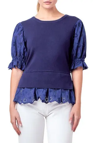 English Factory Mixed Media Eyelet Puff Sleeve Peplum Top - Navy