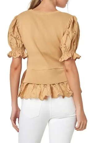 English Factory Mixed Media Eyelet Puff Sleeve Peplum Top