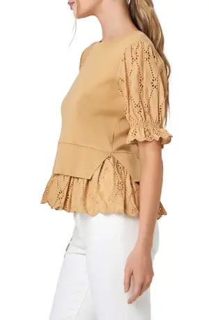 English Factory Mixed Media Eyelet Puff Sleeve Peplum Top