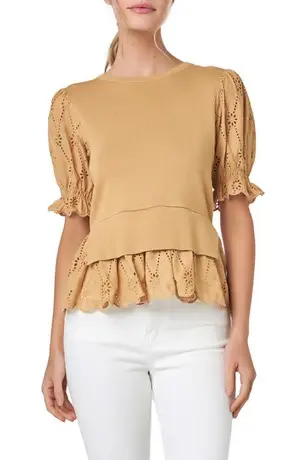 English Factory Mixed Media Eyelet Puff Sleeve Peplum Top