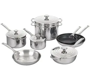 LE CREUSET 12-piece Stainless Steel Set W/ Nons Tick Frypans Silver